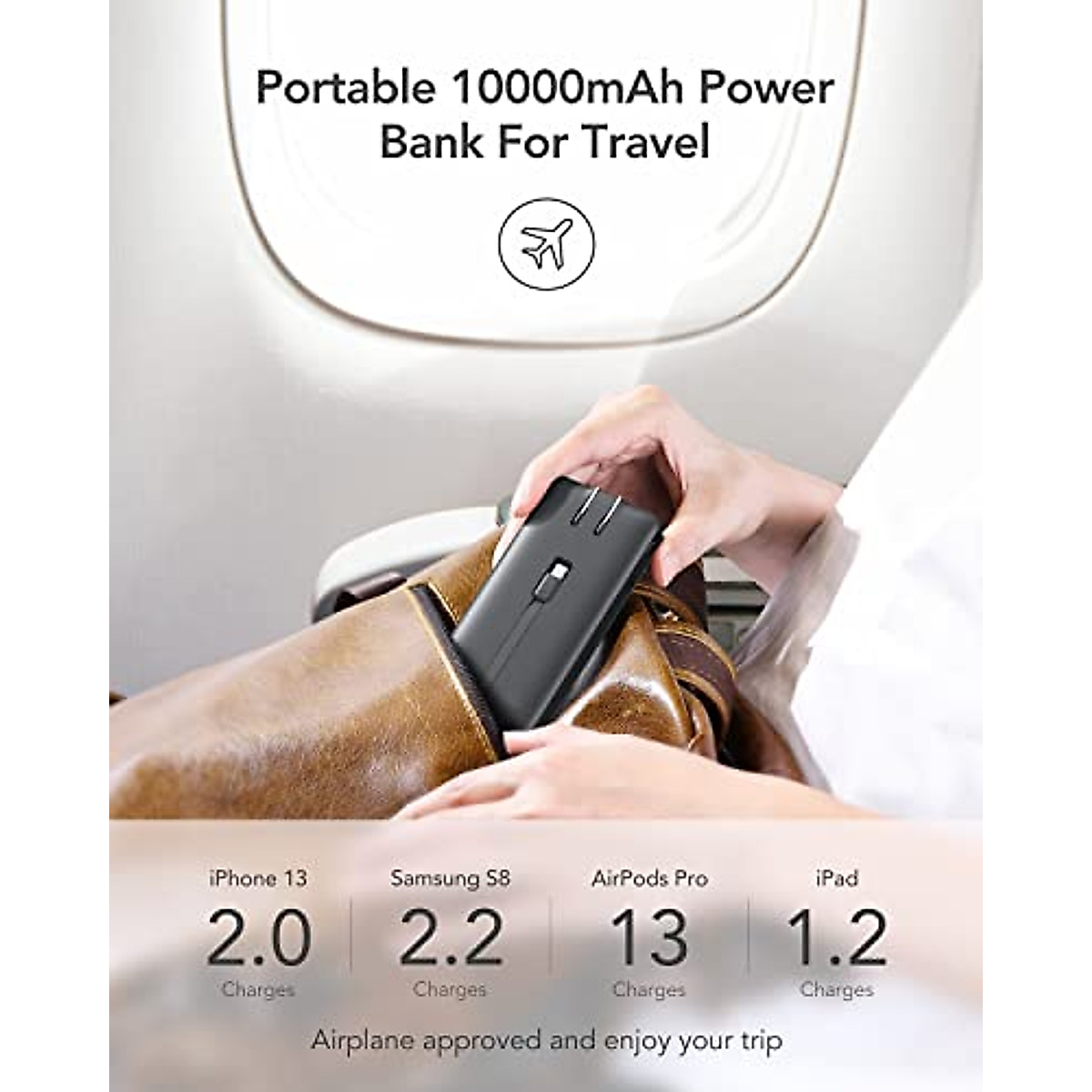 VRURC Portable Charger with Built-in Cables & AC Wall Plug, 22.5W Fast Charging 10000mAh Battery Pack(QC4.0 & PD3.0), USB C Power Bank with 4 Output 2 Input, Compatible with iPhone Samsung Android etc