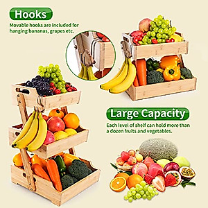 ETECHMART Bamboo Fruit Basket, 2 Tiers Fruit Bowl For Kitchen Counter, Large Capacity Detachable Vegetable Bread Storage Basket Banana Holder Stand