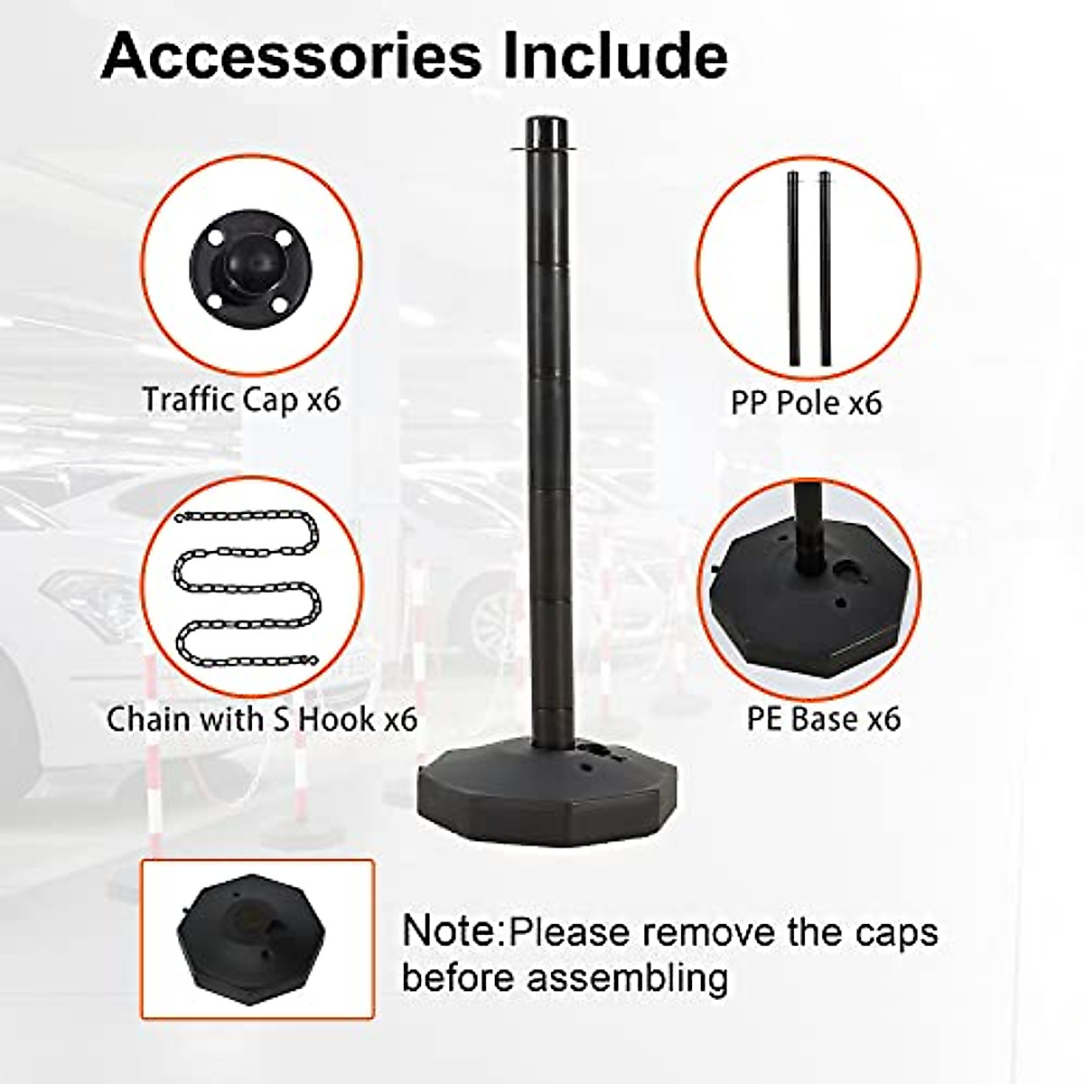 HABUTWAY 6Pcs Traffic Delineator Post Cone with 5.5FT Chain, Chain Safety Barriers Outdoor and Indoor Crowd Control Barricade (Black)