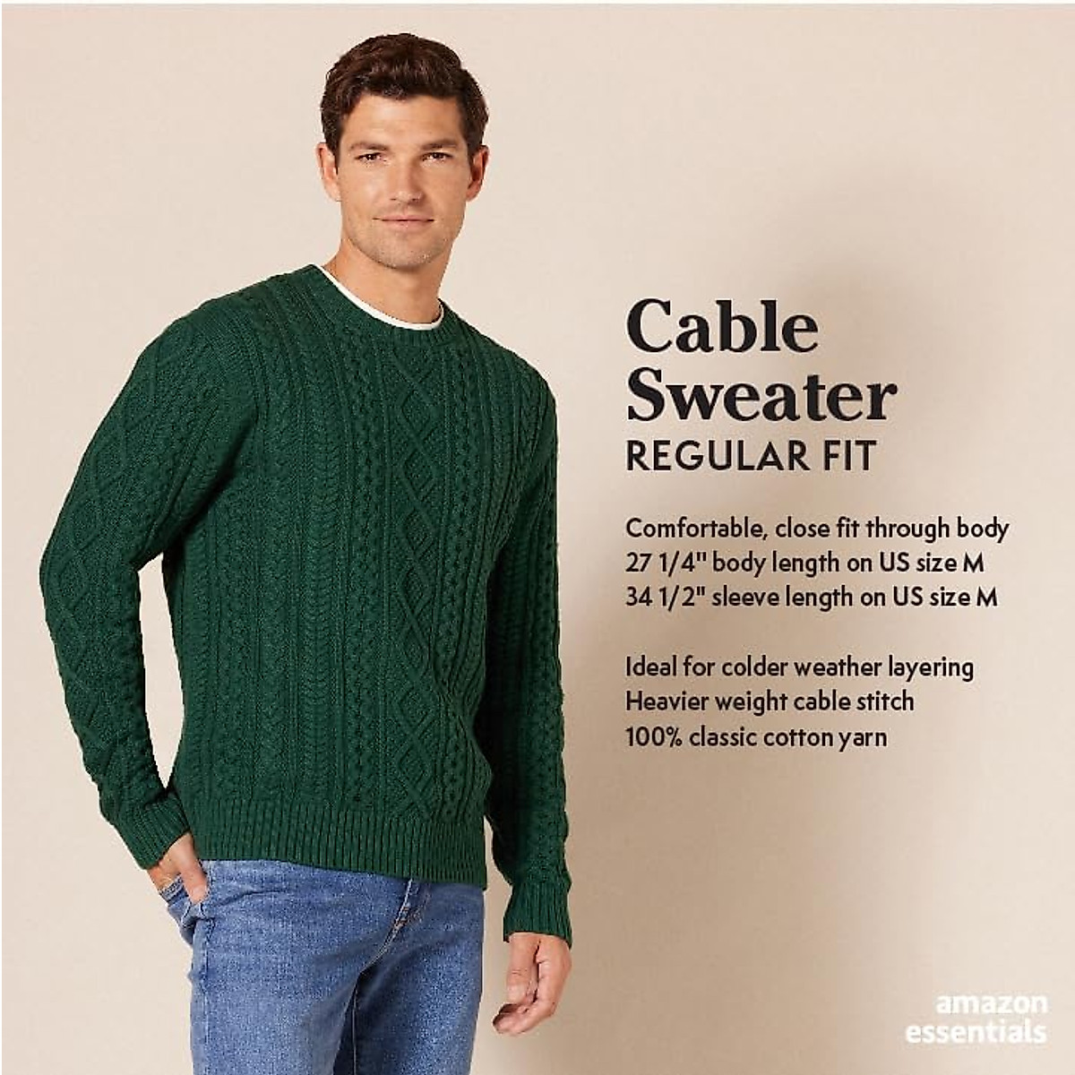 Amazon Essentials Men's Long-Sleeve 100% Cotton Fisherman Cable Crewneck Sweater, Dark Blue, Large