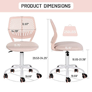 Desk Chair Small Armless, Comfy Home Office Chair with Fabric Seating Cushion and Plastic Low-Back, Adjustable Swivel Study Computer Task Chair for Student Children Kids with Rolling Wheels, Pink