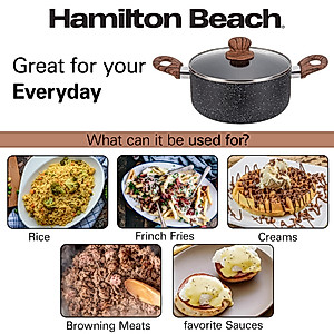 Hamilton Beach 5 Quart Nonstick Marble Coating Even Heating Round Dutch Oven Pot with Glass Lid and Wooden Like Soft Touch Handle, Dutch Oven Pot, Braising, Roasting