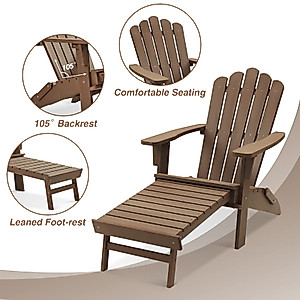 EFURDEN Adirondack Chair with Retractable Ottoman, Folding Adirondack Chair with Footrest, All Weather Poly Lumber Fire Pit Chair with Ottoman, All Weather Chair for Outdoor Brown