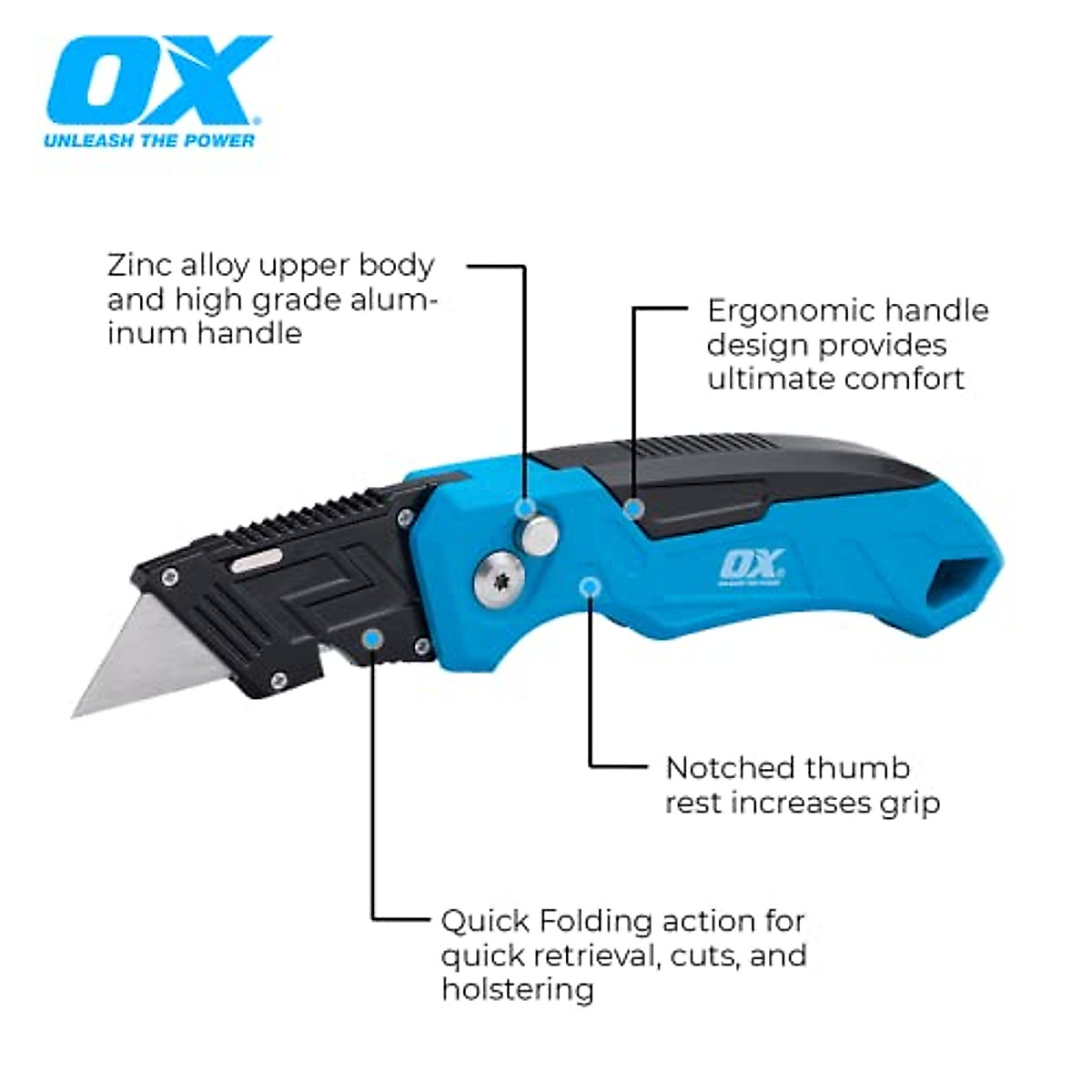 OX Tools Pro Heavy Duty Fixed Blade Folding Knife w/Easy Change Blade Button - Quick Fold Action & Strong Lightweight Construction | Includes 3 Replacement Blades