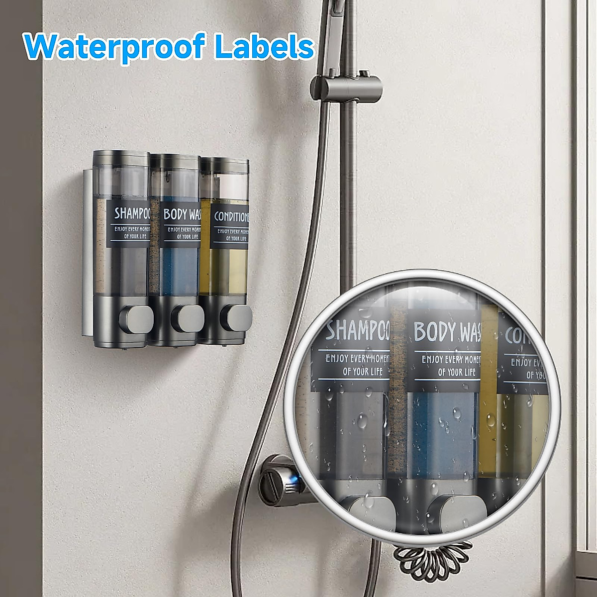 Shampoo and Conditioner Dispenser,GlintGath Shower Dispenser 3 Chamber No Drill Shampoo Dispenser for Shower Wall Mounted Shower Soap Dispenser for Bathroom Hotel,3 * 300ML,Gun Gray