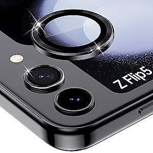 Vizvera for Samsung Galaxy Z Flip 5 Camera Lens Protector, Metal Ring 9H-Tempered Glass Camera Cover HD Clearly Anti-Scratch Individual Ring with Installation Tray-Black
