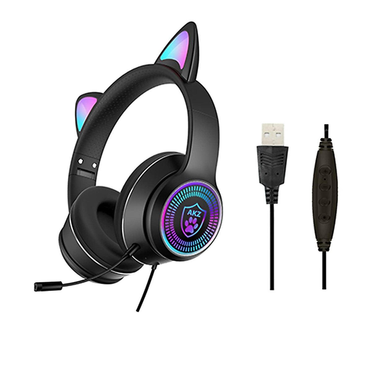 UXELY Cat Ear Gaming Headset USB Wired Headphones with Mic Foldable RGB Light Up Headphones for Laptop/Computer(Black)