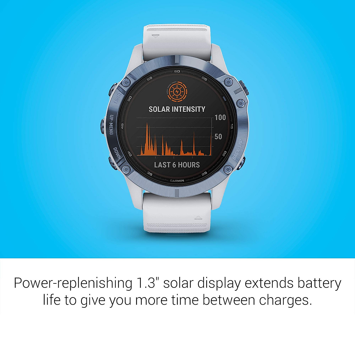 Garmin fenix 6 Pro Solar, Multisport GPS Watch with Solar Charging Capabilities, Advanced Training Features and Data, Mineral Blue with White Band