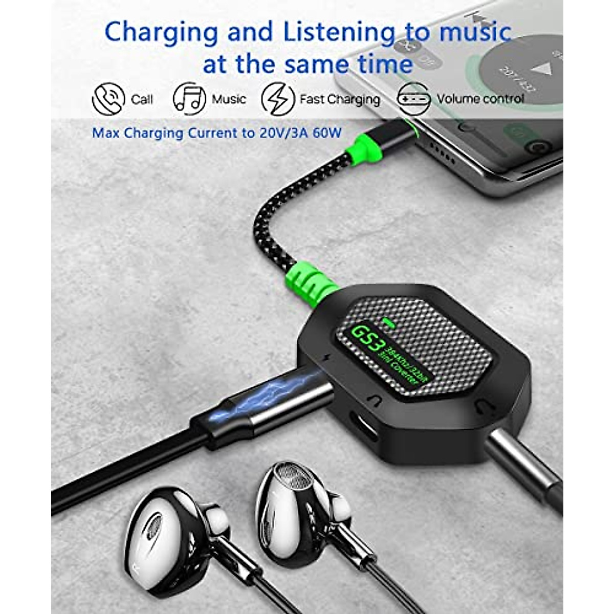 Samsung Galaxy S23 Headphone Adapter, 3 in 1 USB C to 3.5mm Headphone and PD 60W Charger Adapter USB C Splitter Compatible with Galaxy S23+/S23 Ultra/S22/S21 Ultra/S21FE/Note 20, Pixel 7/7Pro/6/6Pro