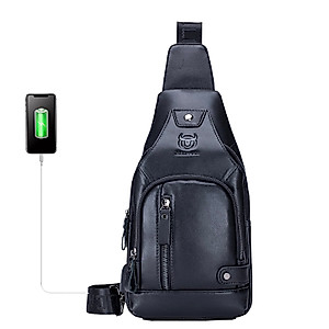 LUKZIJAES Genuine Leather Sling Bag for Men Crossbody Shoulder Chest Pack Hiking Casual Daypack Outdoor Travel Backpack (#1-Black)