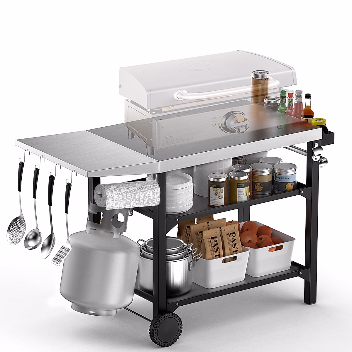 Skyflame Movable Outdoor Dining Cart Table, Three-Shelf Stainless Steel BBQ Grill Cart, Multifunctional Food Prep Flattop Worktable on Wheels for Kitchen, Pizza Oven, Patio Grilling Backyard