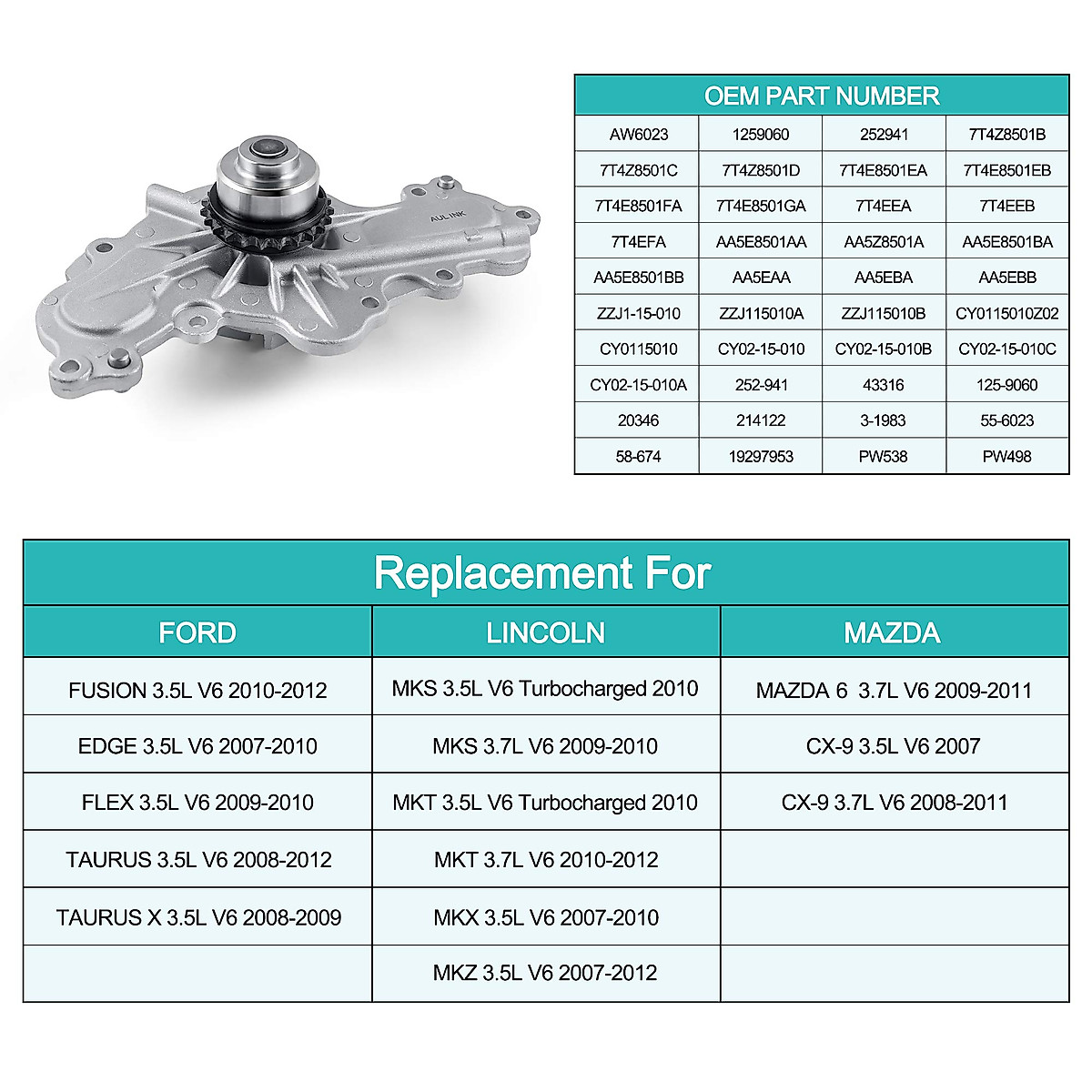AULINK AW6023 Water Pump OE Replacement for 07-10 Ford Edge + Lincoln MKX, 09-10 Flex + MKS, 10-12 Fusion + MKT, 08-12 Taurus, 07-12 MKZ, 09-11 Mazda 6 & 07-11 CX9 V6 3.5L 3.7L