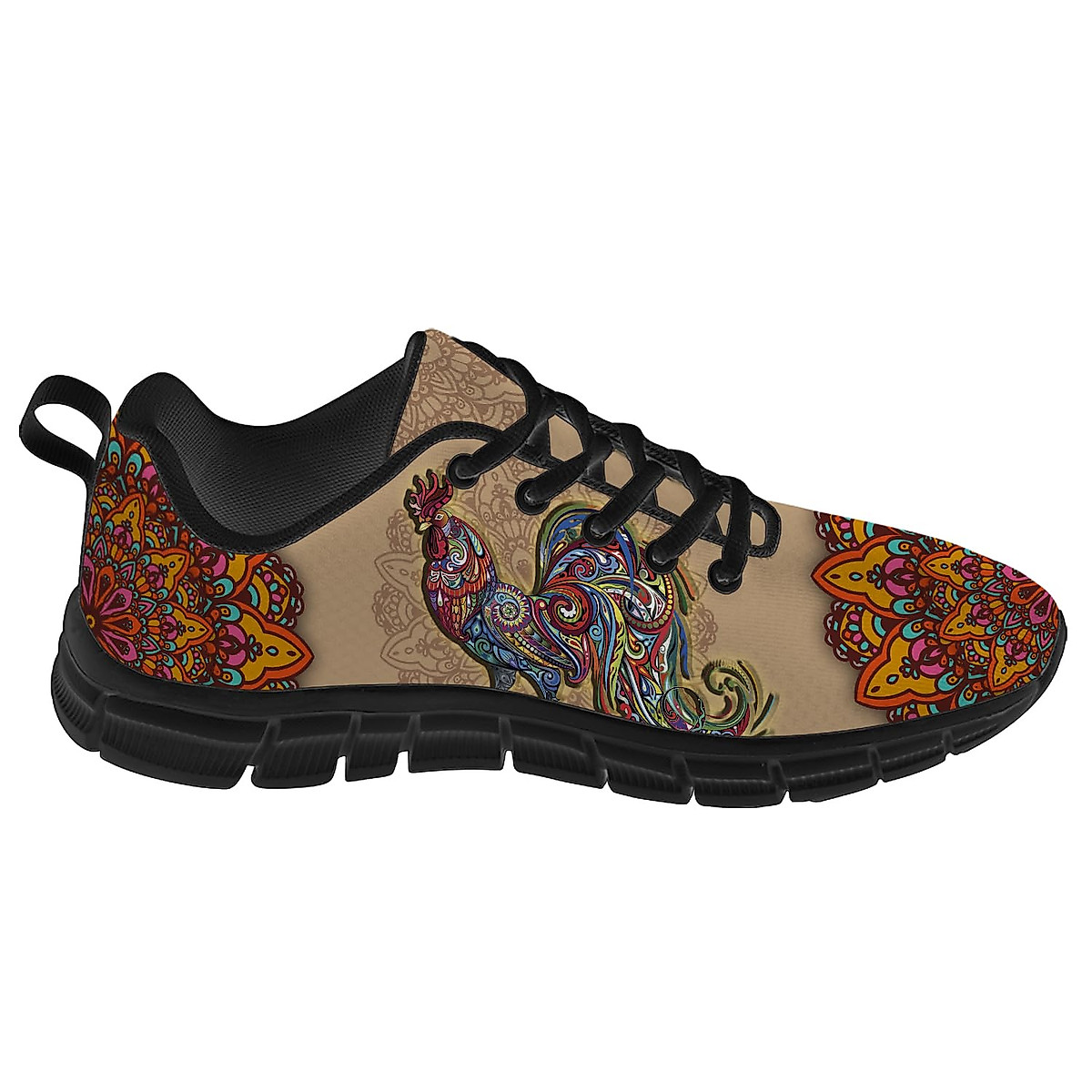 Mens Womens Rooster Shoes Running Walking Tennis Sneakers Mandala Rooster Flower Farm Animal Shoes Gifts for Women Men,Size 9 Men/10.5 Women Black