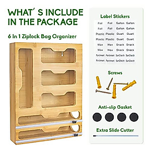 Ziplock Bag Organizer Bamboo , 6 in 1 Wrap Dispenser With Cutter, Kitchen Storage Ziplock Bag Organizer For Drawer, Compatible With Ziplock Gallon, Quart, Sandwich, Snack, Aluminum Foil etc