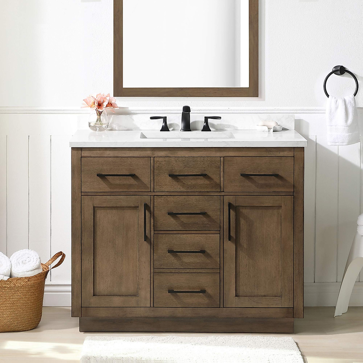 OVE Decors Maya Plus 42 in. Single Sink Bathroom Vanity in Almond Latte Finish, Black Hardware and Included Power Bar