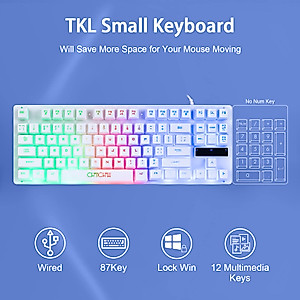 Gaming Keyboard 87 Key TKL Wired Keyboard,CHONCHOW Rainbow Led Backlit White Keyboard Mouse 3200DPI Cute Keyboard Combo Compatible with PC Laptop Ps4 Ps5 Xbox Gamer
