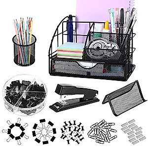 AOFUXTI Office Supplies Desk Organizer - Desk Organizers and Accessories, Office Supplies Set with Pen Holder, Stapler and 72 Clips Set for Office, Home, School, Black