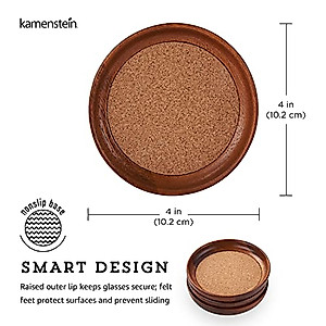 Kamenstein 4 Piece Set, Natural Acacia Wood and Cork Stackable Coasters, Set of 4