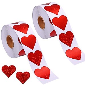 SeBeauty 1000 Red Heart Shaped Stickers, Laser Paper, 1.5'' Roll, Wedding, Valentine, Decoration Supplies