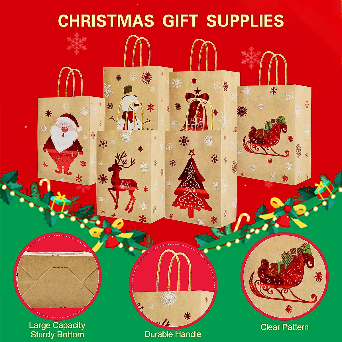 U-PTY 24PCS Christmas Paper Gift Bags with Handles for Holiday Treats and Party Supplies