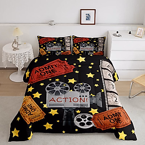 Movie Theater Bedding Set Movie Action Family Time Comforter Cinema Poster Film Comforter Set for Kids Adults Old Fashion Home Decor Duvet Set Soft Room Decor Twin Size Quilt Boys