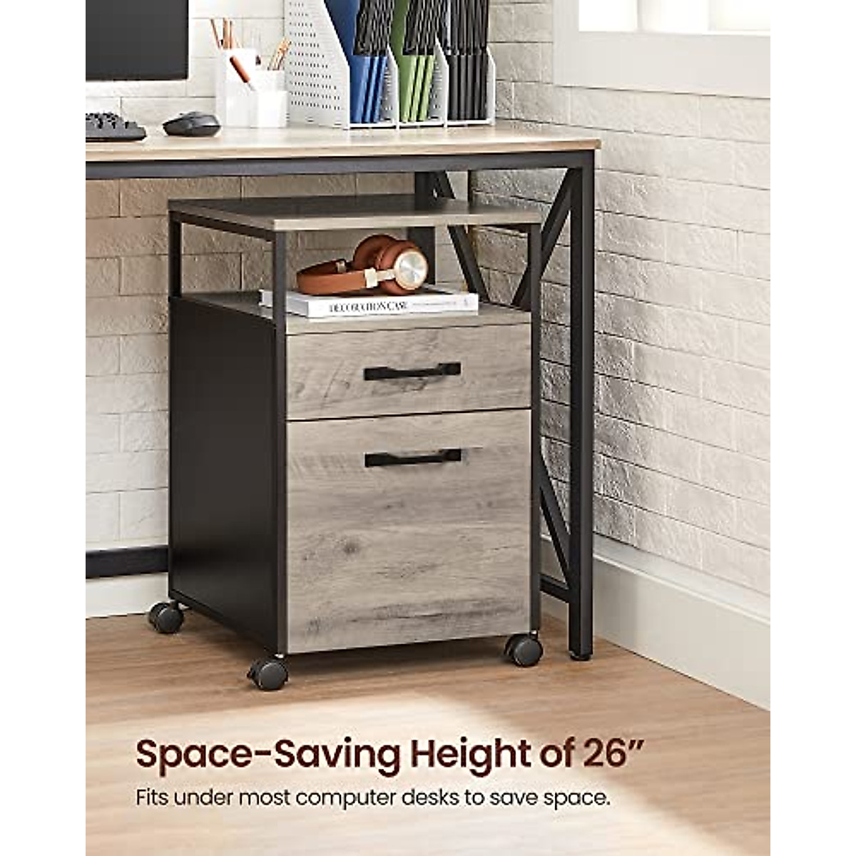 VASAGLE File Cabinet, Mobile Filing Cabinet with Wheels, 2 Drawers, Open Shelf, for A4, Letter Size, Hanging File Folders, Heather Greige and Ink Black UOFC071B02