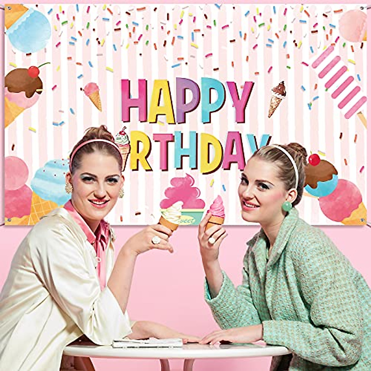 Ice Cream Birthday Party Backdrop Decorations Sweet Summer Ice Cream Party Favors for Kids Girls Boys Themed Happy Birthday Banner Baby Photography Background Photo Booth 70.8 x 43.3 inch