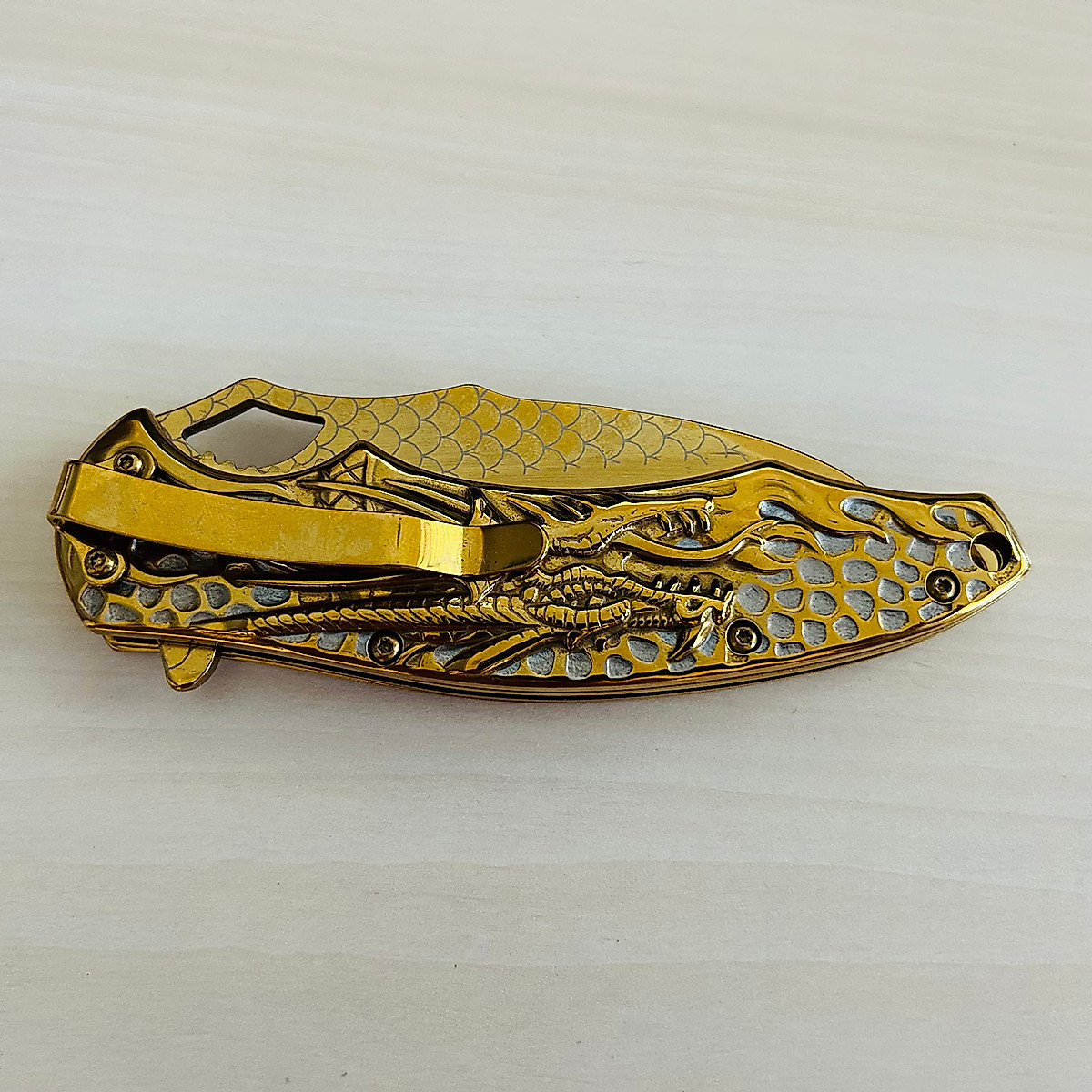BladeDealUSA Dragon Design Assisted Open Folding Pocket Knife, Dragon Skin Blade, Gold Color, Hunting, Camping Accessories