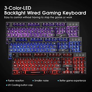 Rii Gaming Keyboard and Mouse Set, 3-LED Backlit Mechanical Feel Business Office Keyboard Colorful Breathing Backlit Gaming Mouse for Working or Primer Gaming,Office Device (RK108)