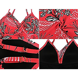coastal rose Womens Swim Top Ruched Tummy Control Tankini Top Front Cross V Neck Bathing Suit Tops Only US14 Red Floral