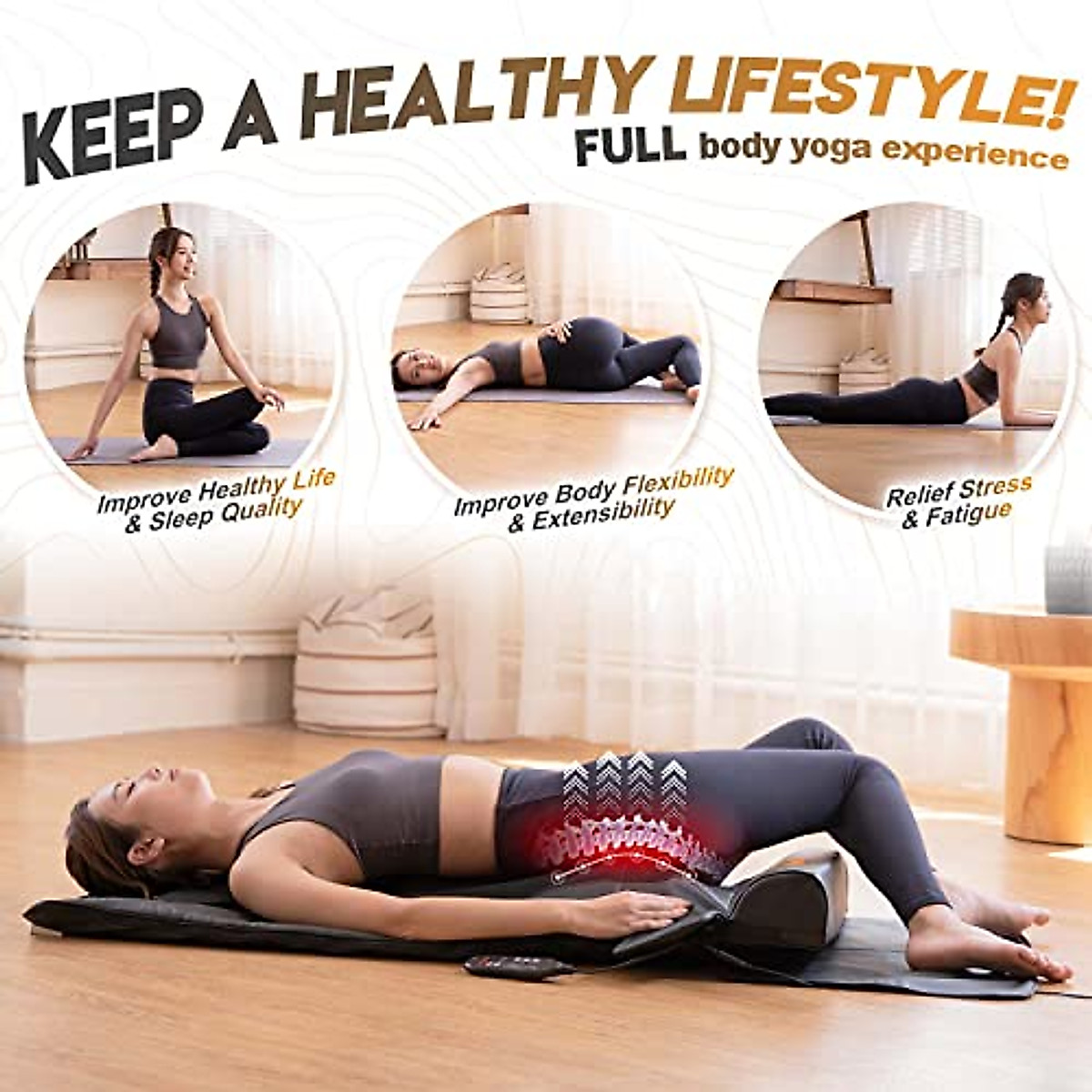 Electric Heating Back Stretching Mat - Gemibee Portable Yoga Flex Body Pain Relief Massage Mattress Bed for Neck, Waist & Hips, Muscle Soreness & Tension Relax, Foldable with Handle Home Gym