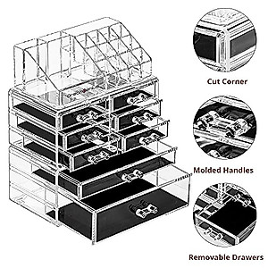 DreamGenius Makeup Organizer 3 Pieces Acrylic Cosmetic Storage Drawers Organizer for Vanity and Bathroom, Stackable Cosmetic Organizer Countertop with 8 Drawers