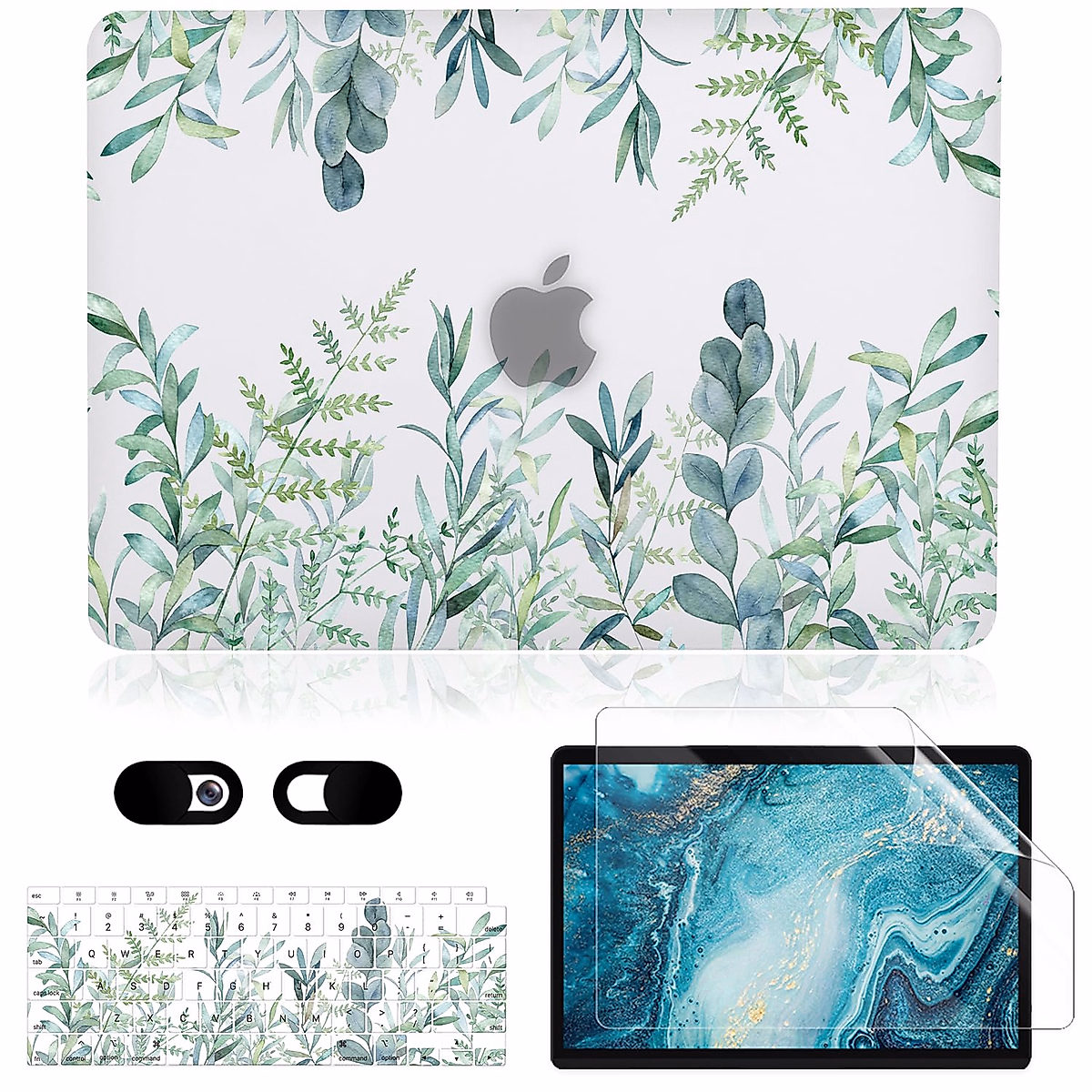 iDonzon Case for MacBook Air 13 inch M1 A2337 A2179 A1932 2022-2018 Release, 3D Effect Matte Clear Hard Cover & Keyboard Cover & Screen Protector Compatible with Air 13.3 Touch ID, Green Plants