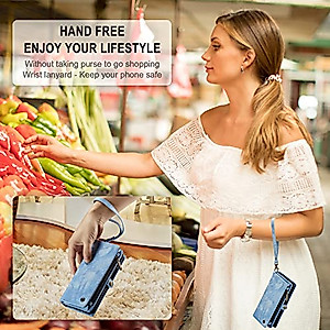 Zttopo for Samsung Galaxy Z Fold 4 Case, 2 in 1 Galaxy Z Fold 4 Wallet Case with Premium Leather Zipper Lanyard Card Holder, Durable Wristlet Flip Case Wallet Money Pocket Cover, Sky Blue