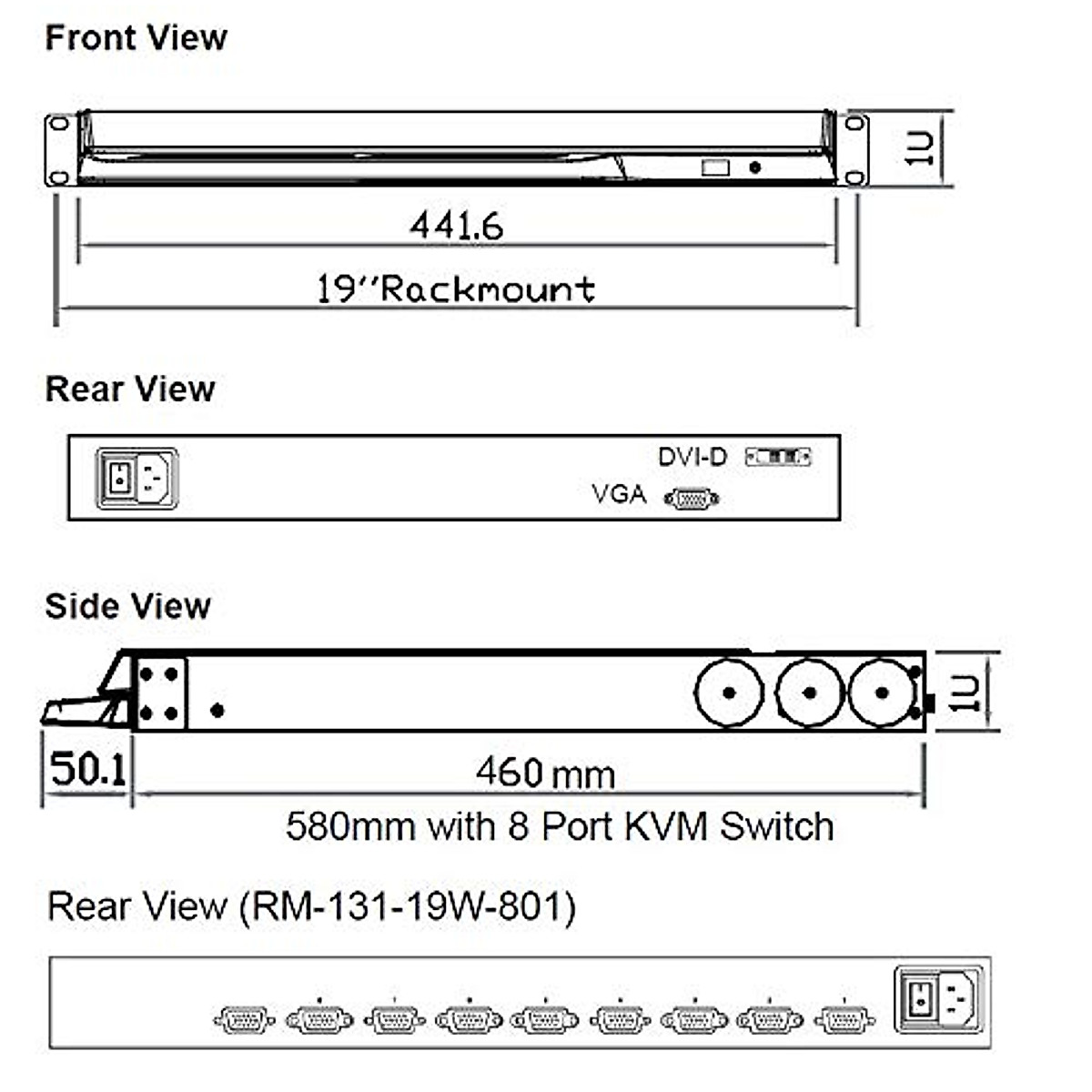 Crystal Image Technologies - Rackmount Console - 1U 19" Rackmount Monitor, 1440 X 900 Resolution, VGA + HDMI Input (Part#RM-111-19WH) includes 3 Year Warranty