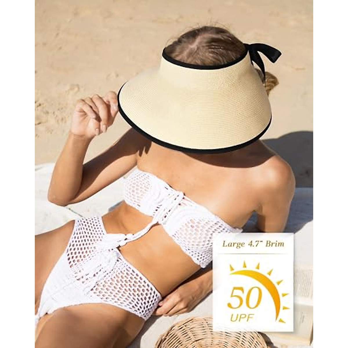 Camptrace Sun Visors for Women Wide Brim Beach Hat UPF 50+ Foldable Straw Visor Hat Ponytail Summer Packable Beige