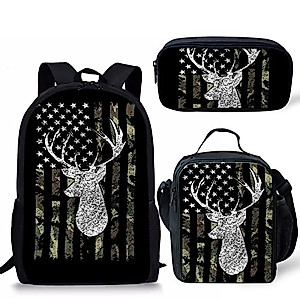 FKELYI American Flag Deer Hunting Camo School Bags for Kids Girls Boys Army Green Shoulder Backpack Preschool Bookbag with Lunch Box Pencil Case