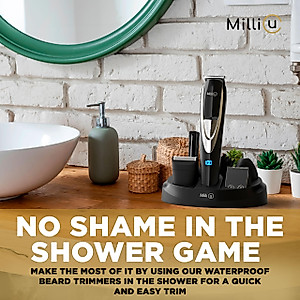 Milli-U Men's Waterproof Cordless Beard and Body Hair Trimmer, Self-Sharpening Steel Blades, 13 Multigroom Attachments, 1 Year Risk Free Guarantee