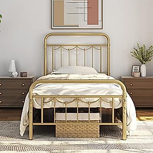 Yaheetech Twin Size Metal Bed Frame with Vintage Headboard and Footboard, Farmhouse Metal Platform Bed, Heavy Duty Steel Slat Support, Ample Under-Bed Storage, No Box Spring Needed, Antique Gold