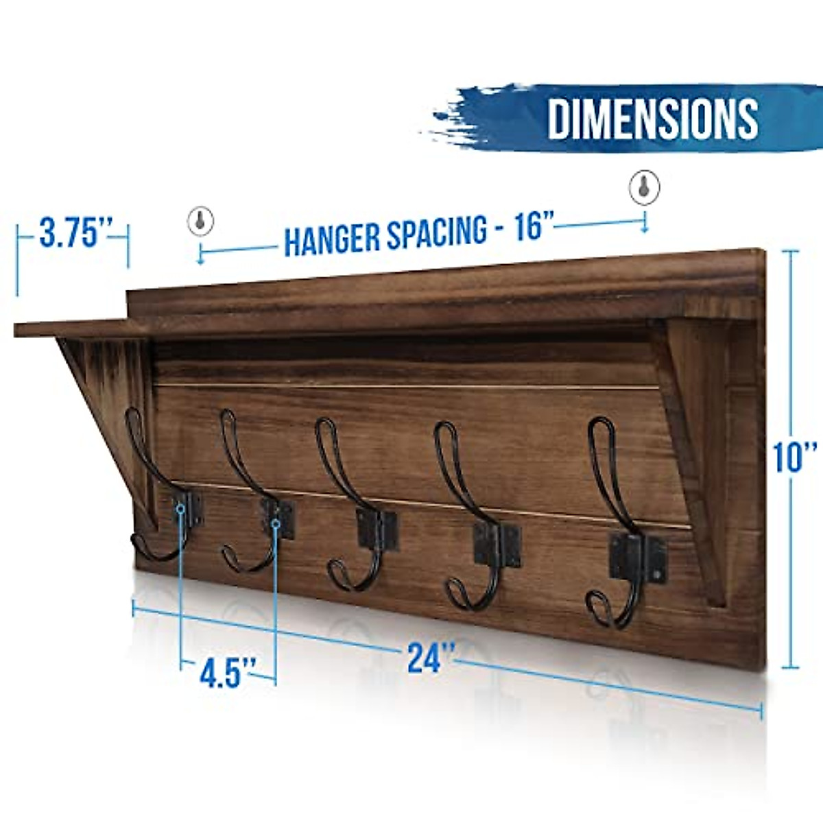 HBCY Creations Rustic Wall Mounted Coat Rack with Shelf - Solid Wood 24" Entryway Shelf with 5 Coat Hangers. Perfect Touch for Your Entryway, Mudroom, Kitchen, Bathroom and More, Rustic Brown