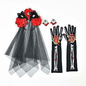 DreamLily Day of the dead Headpiece Red Rose skull Flower Crown Costume NC24 (Headband golves and earrings)