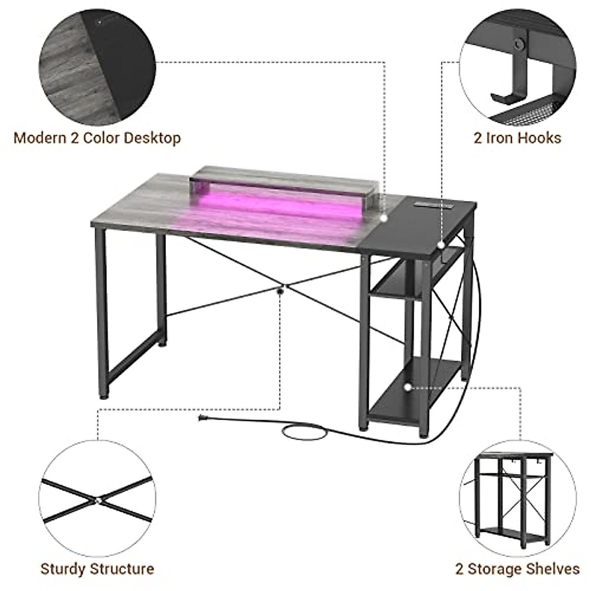 armocity Computer Desk with LED Lights, Gaming Desk with Power Outlet and USB, 40 Reversible Laptop Table with Moveable Monitor Stand, Small Desk for Small Spaces, Office, Gaming Room, Grey and Black