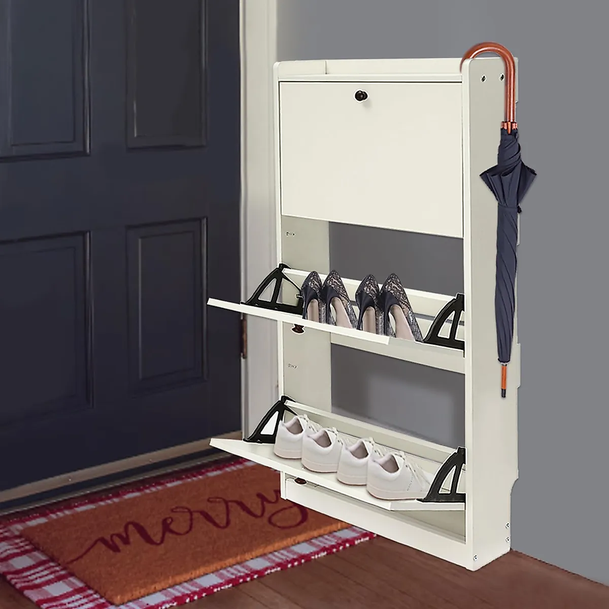 YUNLAIGOTOP Modern Shoe Storage Cabinet, Modern 3 Drawer Shoe Cabinet with 3 Flip Drawers, Shoes Storage for Entryway, Narrow Rack Cabinet for Entryway, Hallway & Bedroom, White