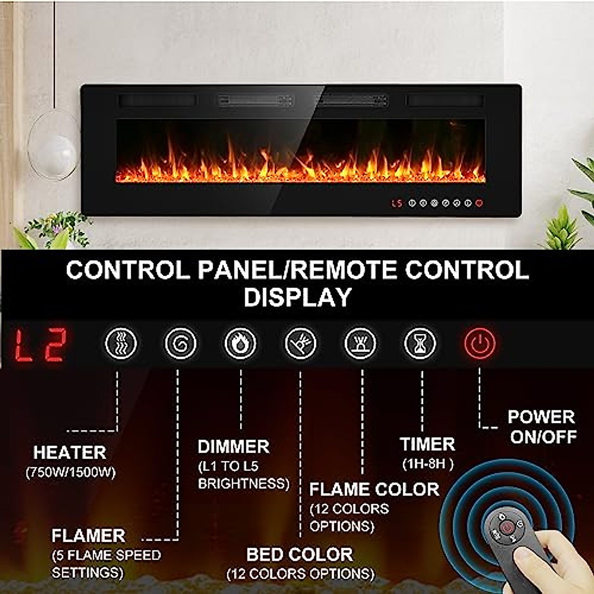BREEZEHEAT 60inch Electric Fireplace Recessed Wall Mounted-Ultra Thin Fireplace Heater for Living Room/Bedroom with 2 Heat Vents, Remote Control, Touch Screen, Adjustable Flame, 8H Timer, 750w/1500w