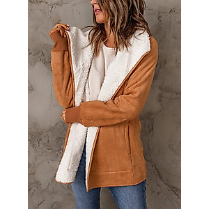 Dokotoo Womens Winter Warm Long Sleeve Open Front Fleece Jacket Stand Collar Sherpa Lined Outerwear Fashion Thicken Faux Suede Coats Jackets for Women 2024,XL,Khaki