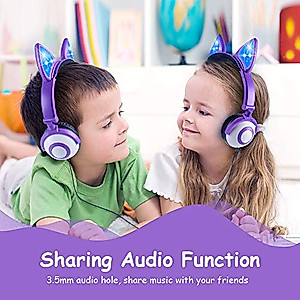 esonstyle Kids Headphones Over Ear with LED Glowing Ears Wired Kids Headsets 85dB Volume Limited 3.5mm Cute Girls Headphones for Online Learning/School/Travel/Tablet (Purple-Cat)