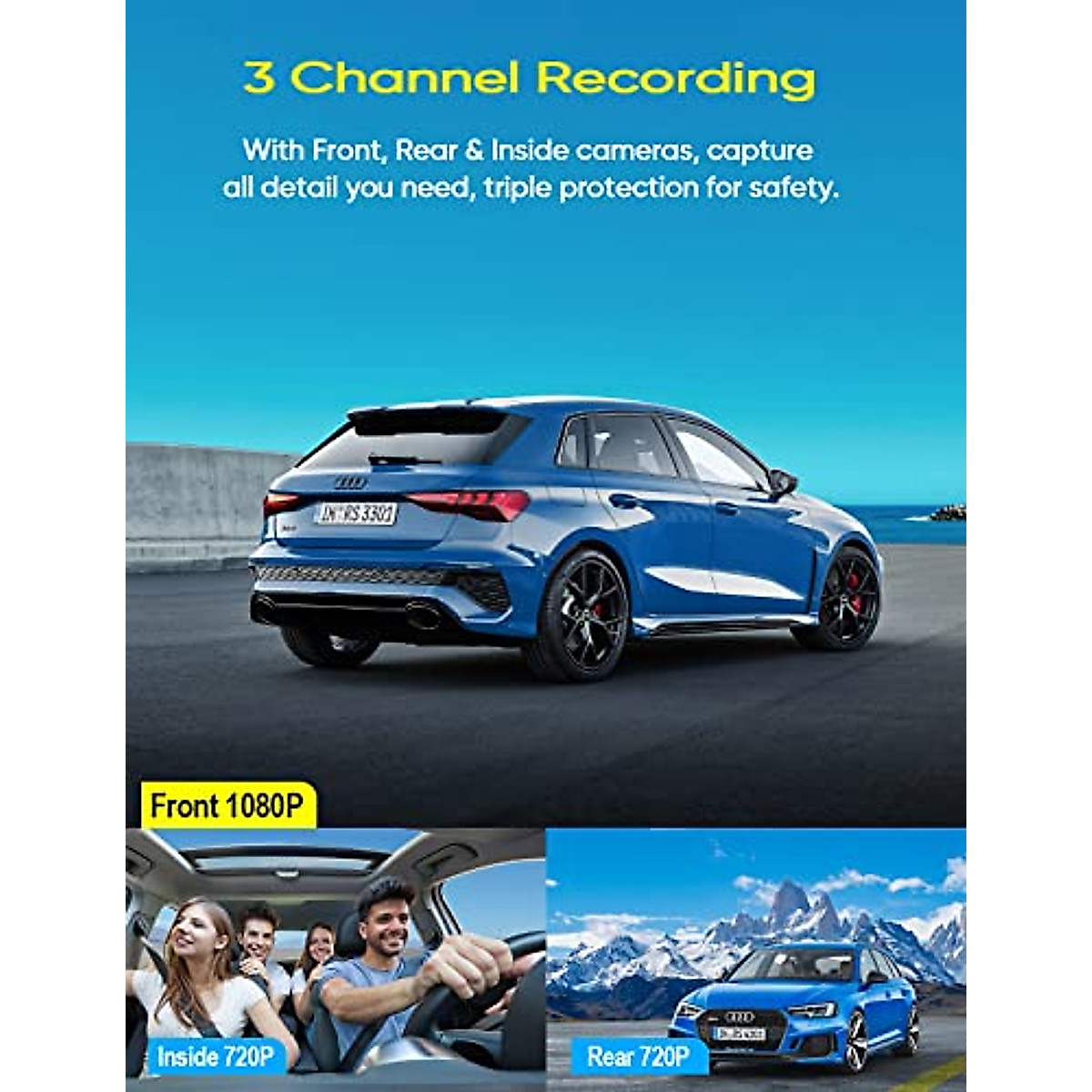 3 Channel Dash Cam Front and Rear Inside, 1080P Dash Camera for Cars, Dashcam Three Way Triple Car Camera with IR Night Vision, Loop Recording, G-Sensor, Parking Monitor, 24 Hours Recording