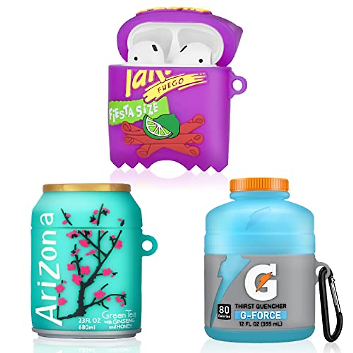 (3 Pack) Cute Airpod Case for Airpods 2&1,3D Drink Kawaii Silicone Cartoon Food Funny Protective Cover Accessories Skin for Airpod 1&2 Gen Charging Case for Girls Boys-(Arizona+Sport Water+Takis)