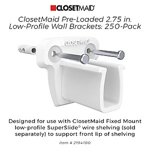 ClosetMaid 21941 Pre-Loaded 2.75-Inch Low-Profile Wall Brackets with Anchors for Wire Shelving, 250-Pack, White