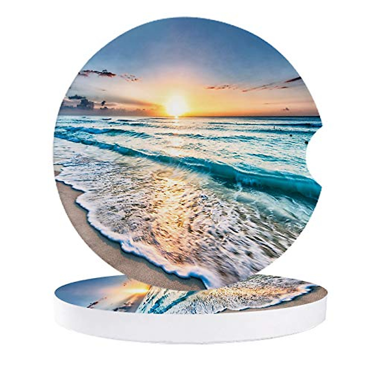 Small Car Coasters for Cup Holders 2.65" Absorbent 2 Pack Car Coaster Ceramic Stone for Drinks Absorb Water Drops Ocean Theme Sand Beach Wave Sea Water Pattern